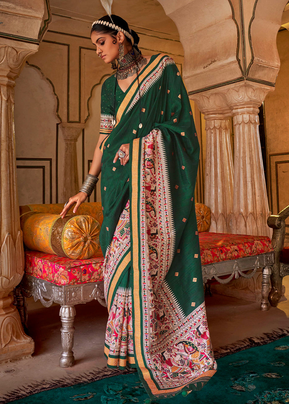 Jungle Green Viscose Silk Saree with Luxury Print & Dew Drop Detailing ...