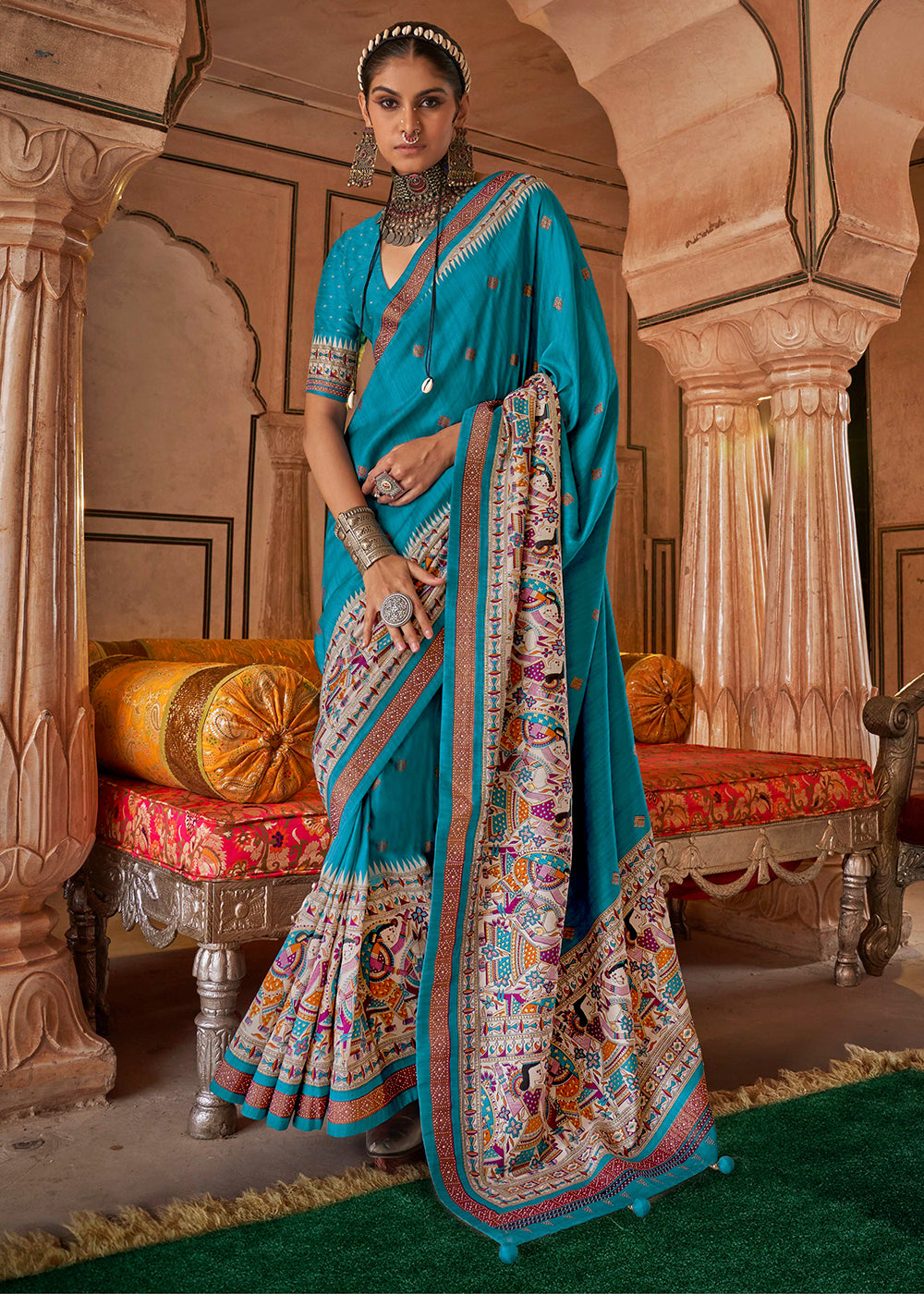Cerulean Blue Viscose Silk Saree with Luxury Print & Dew Drop Detailin ...
