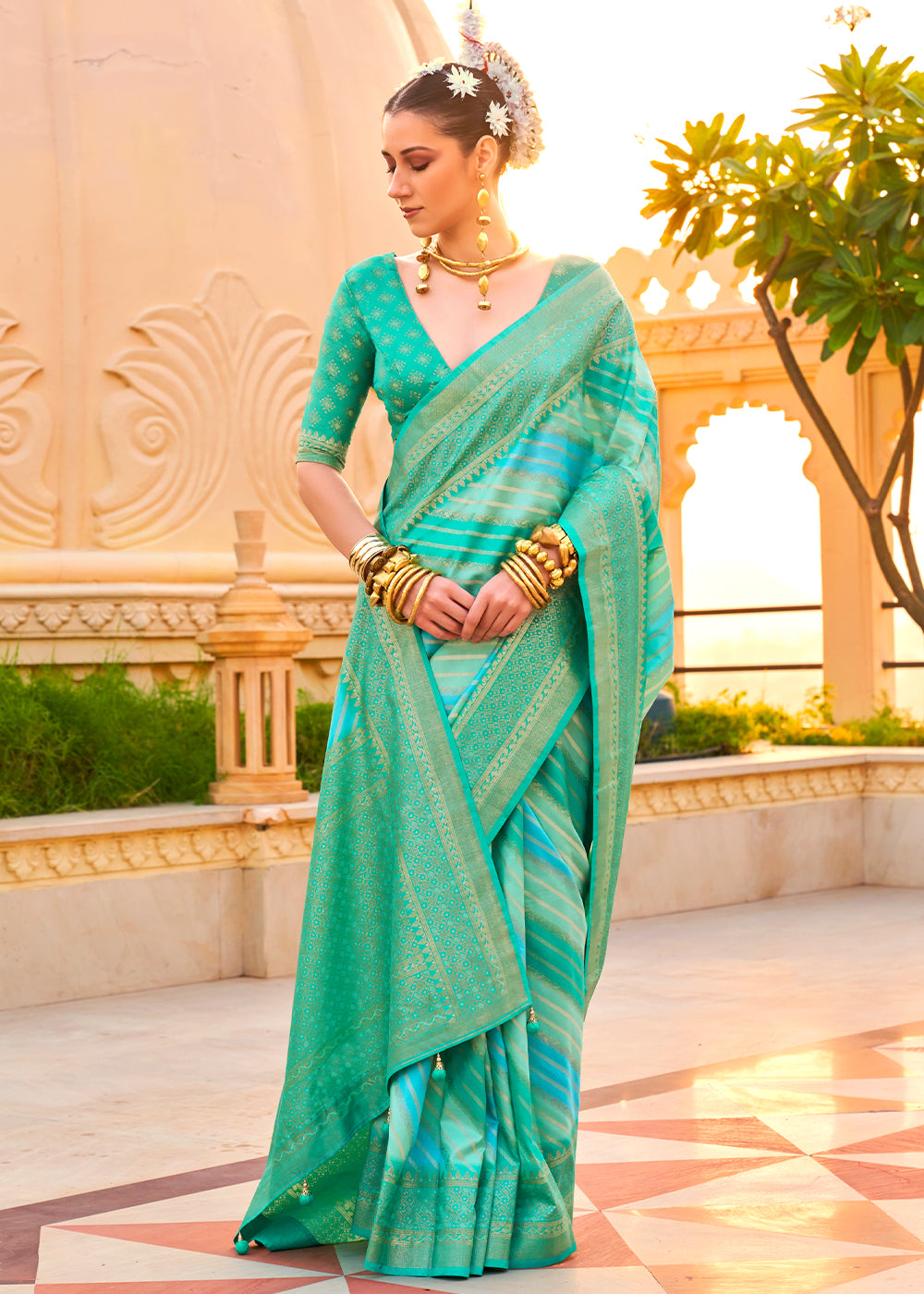 Turquoise Blue Silk Foil Print Saree with Aqua Finish & Zari Weaving ...