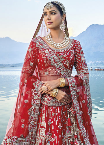 Crimson Red Banarasi Silk Lehenga Choli with Elegant Khatli Work and H ...