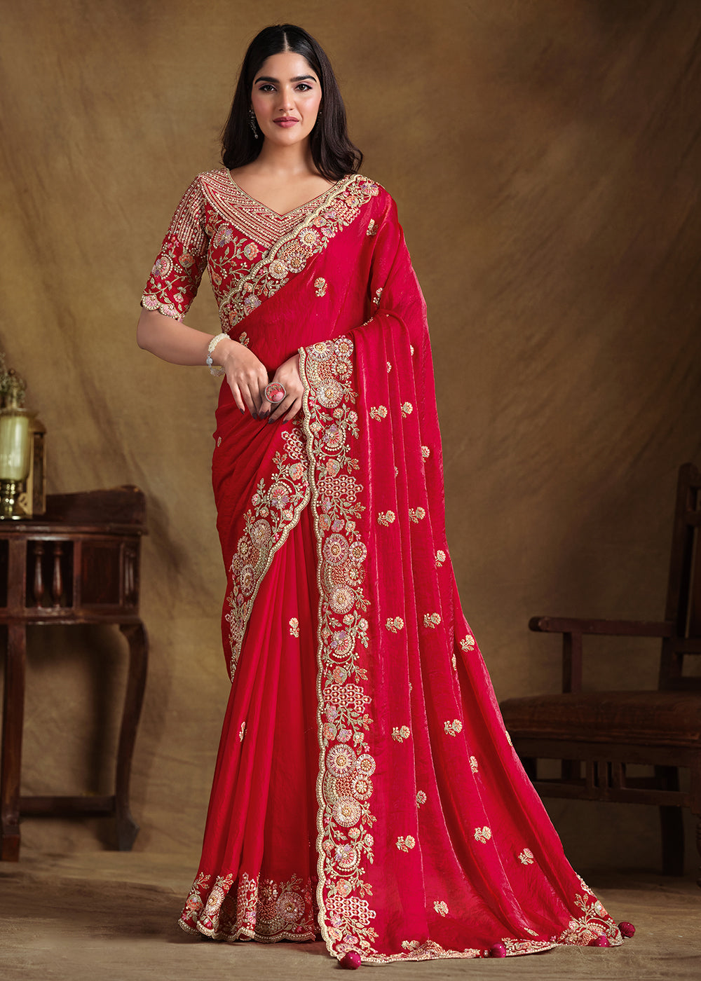 Bridal Red Saree in Satin Silk with Handwork and Embellishments – House ...