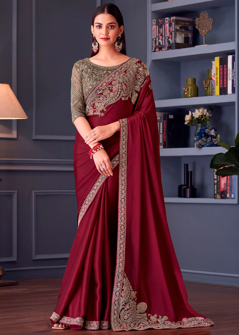 Maroon Red Satin Silk Saree with Rich Thread Embroidery & Embellishmen ...