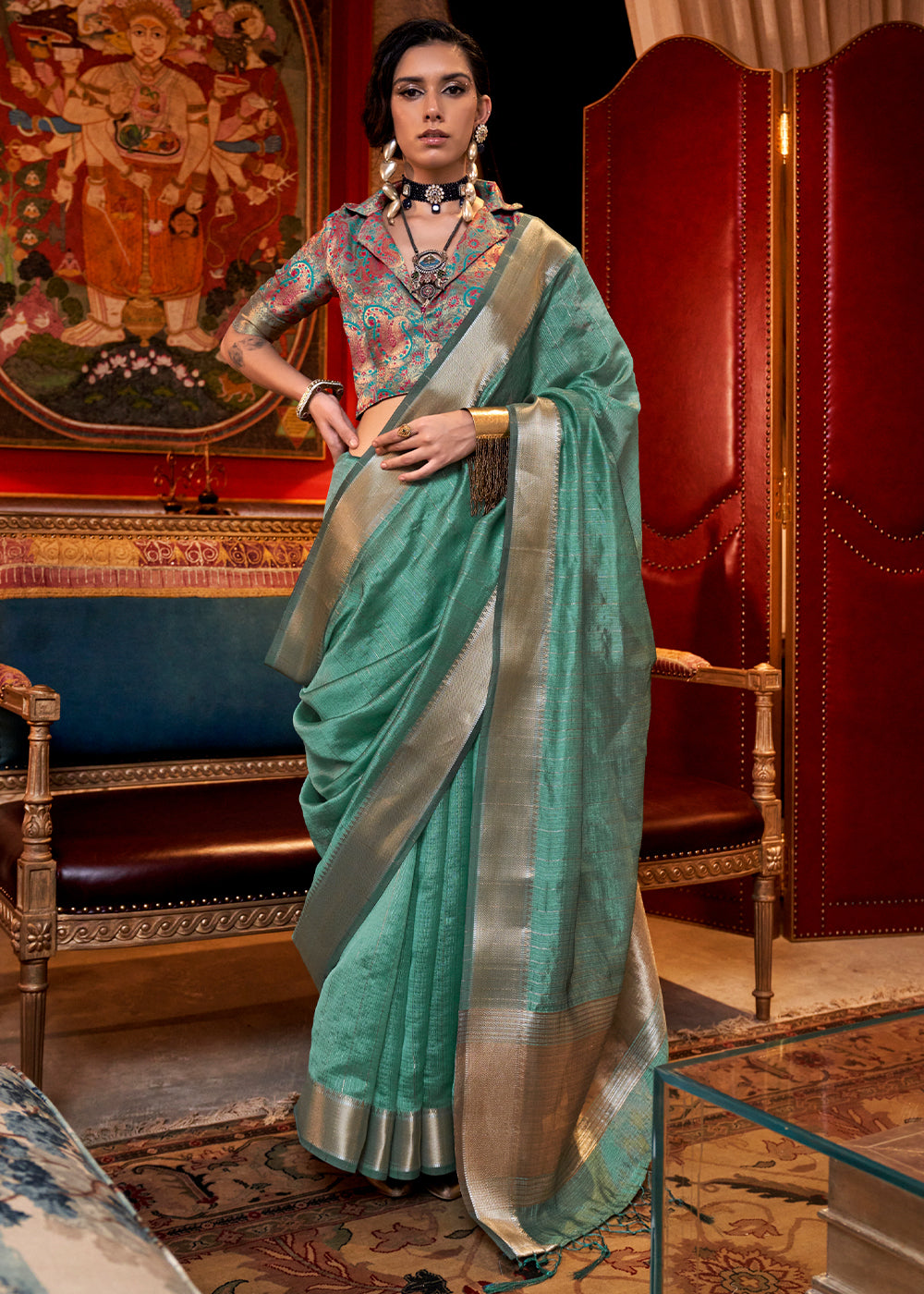 Jungle Green Handwoven Chiffon Silk Saree – House of Sarvatii LLC