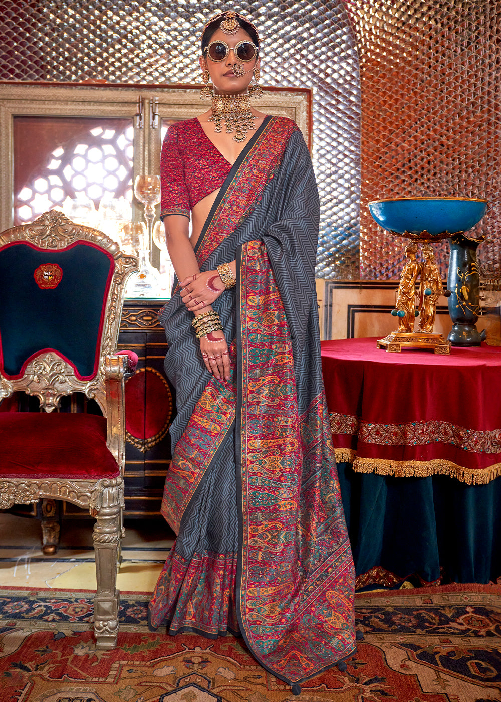 Iron Grey Silk Saree Featuring Traditional Jamawar Print – House of ...