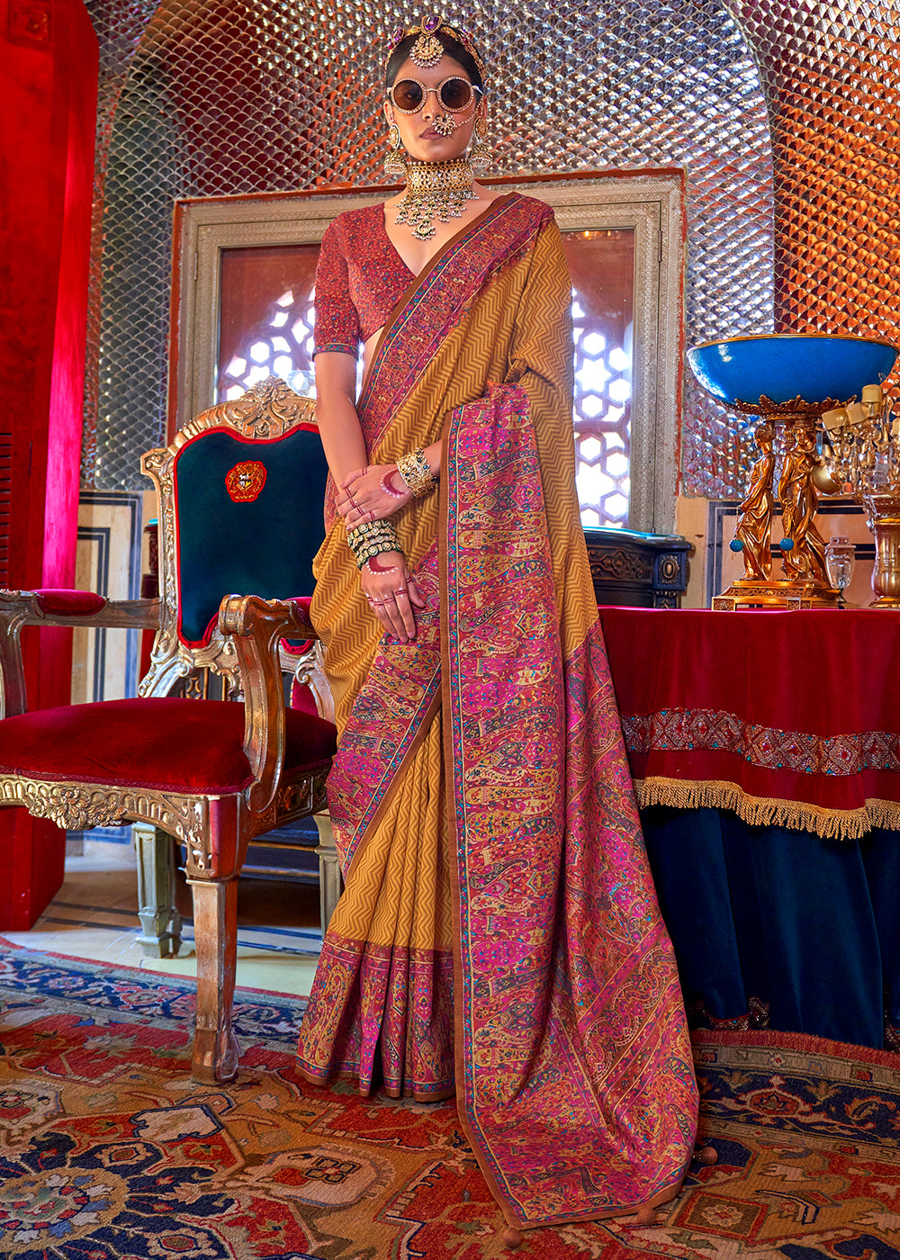 Mustard Yellow Silk Saree Featuring Traditional Jamawar Print – House ...