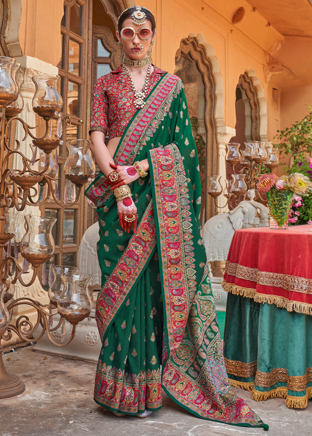 Dark Green Silk Saree Featuring Traditional Jamawar Print – House of ...