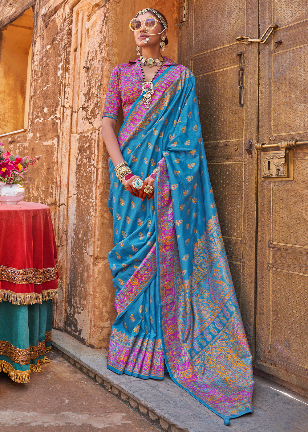 Cerulean Blue Silk Saree Featuring Traditional Jamawar Print – House of ...