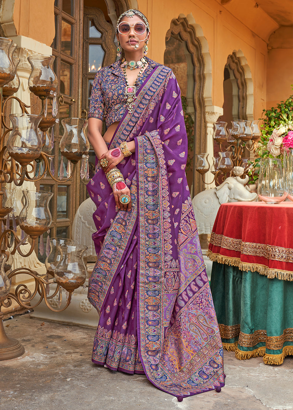 Chinese Purple Silk Saree Featuring Traditional Jamawar Print – House ...