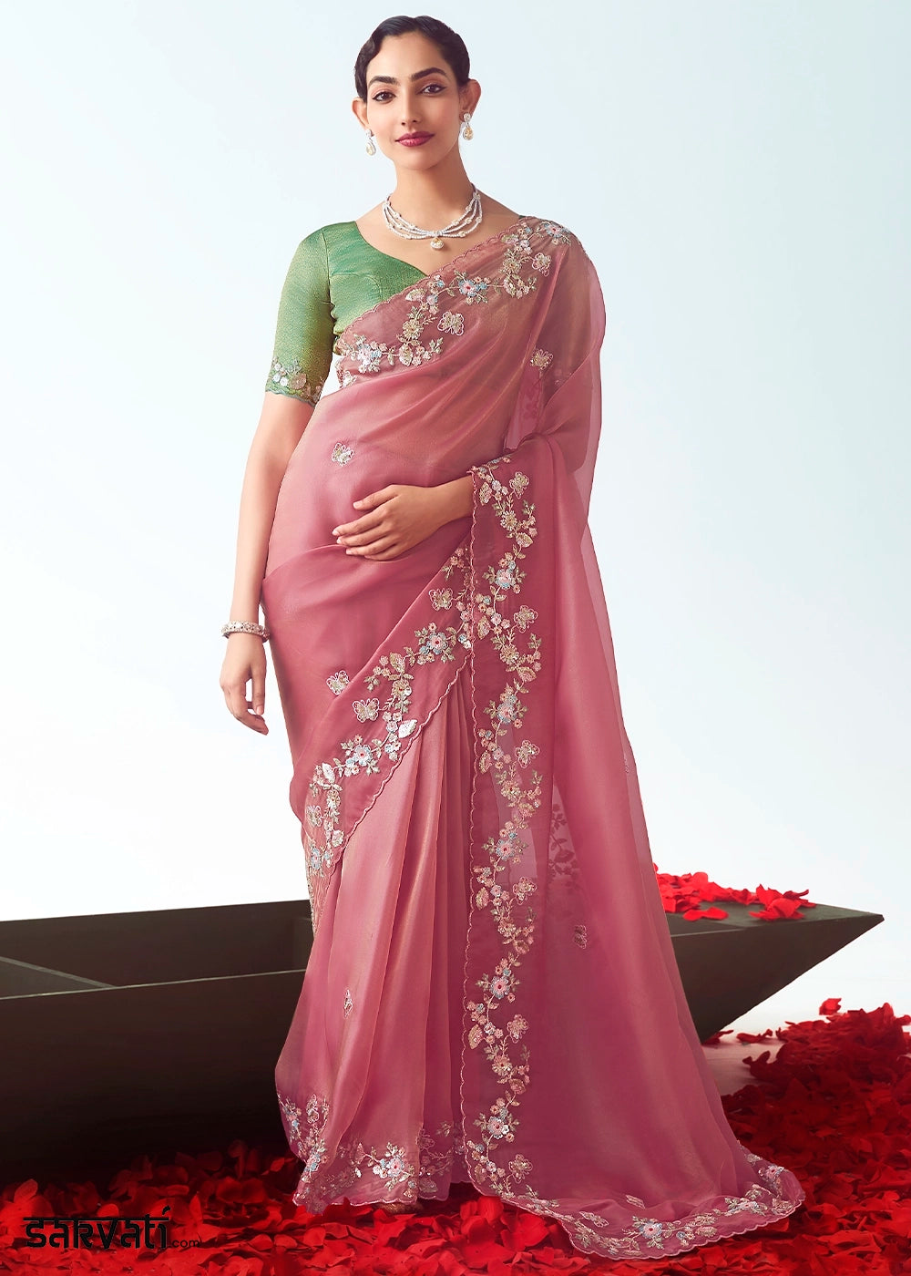 Rose Pink Tissue Saree with Floral Embroidery | Sarvati USA – House of ...