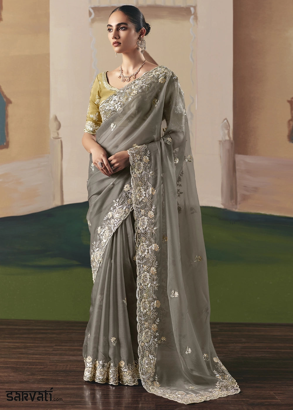 Zinc Grey Tissue Saree | Designer Sequin & Stone Embellished – House of ...