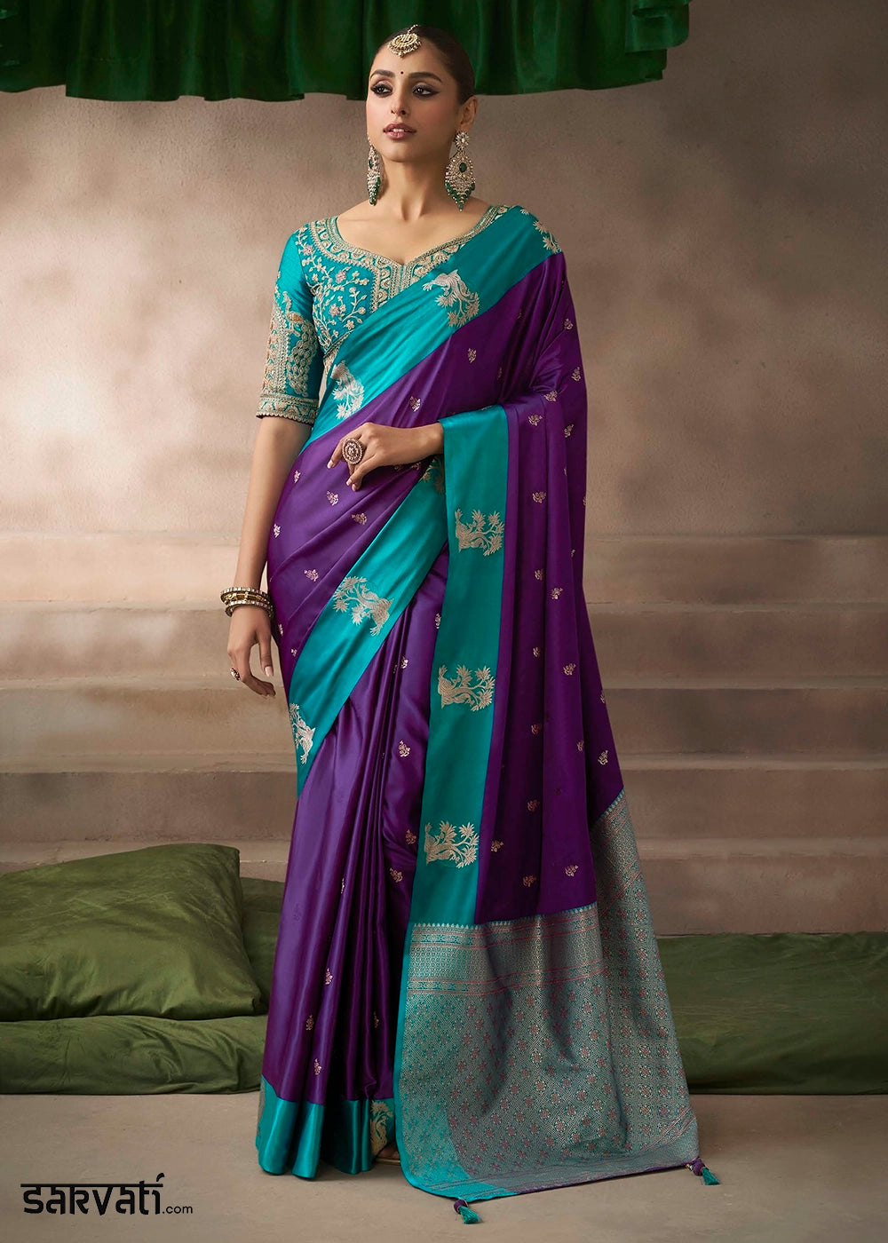 Grape Purple Satin Silk Saree with Zari Border & Blouse | Sarvati ...