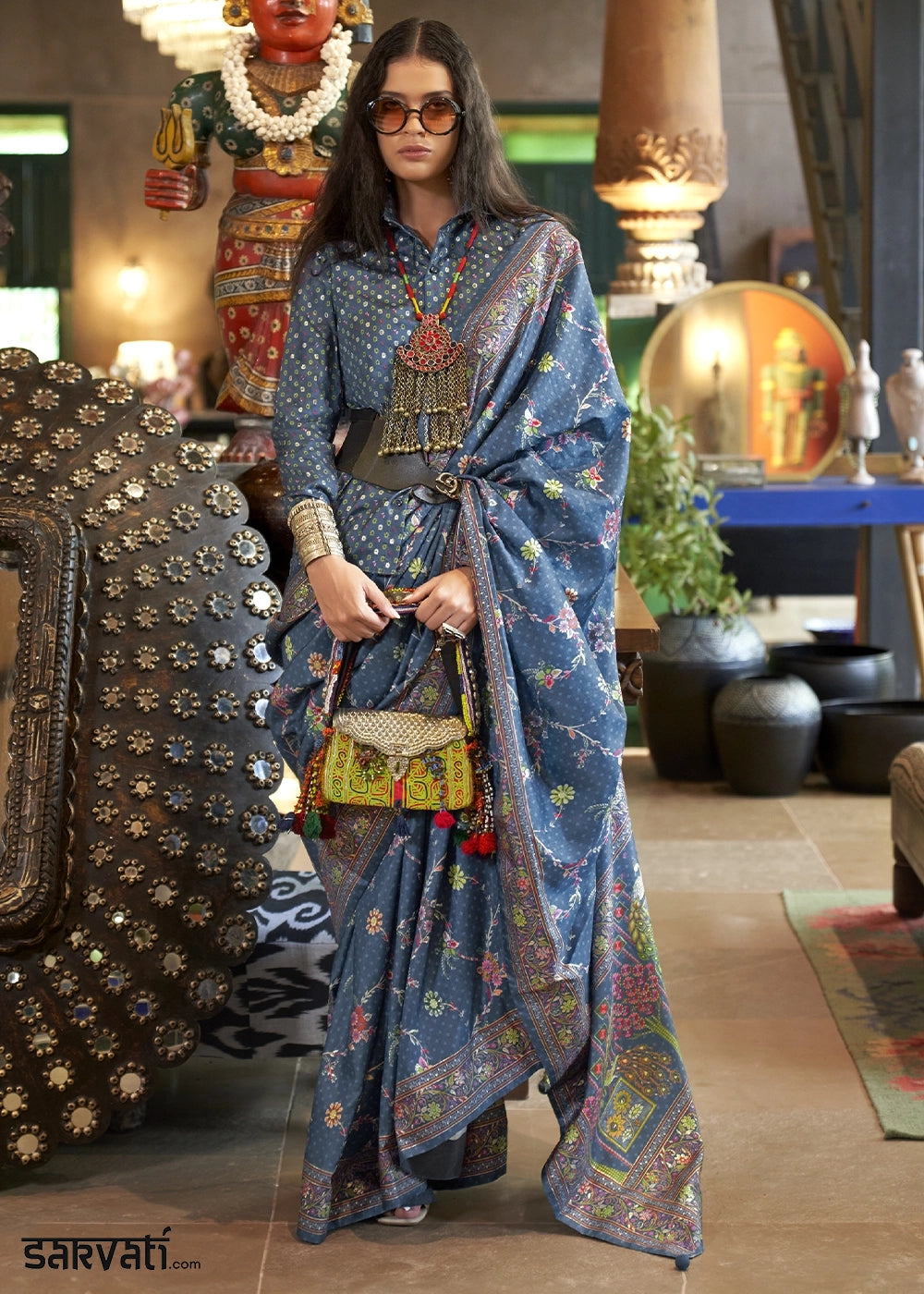 Steel Blue Silk Saree | All-Over Floral Design | Sarvati – House of ...