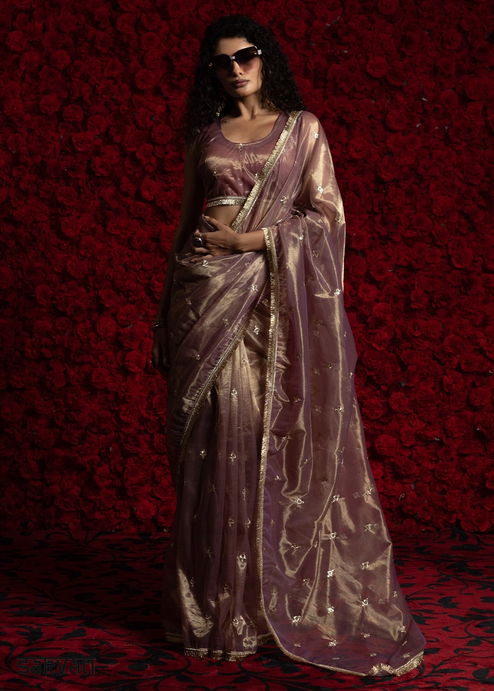 Sarvati Opera Mauve Purple Sheer Net Organza Saree | Zari & Lace ...
