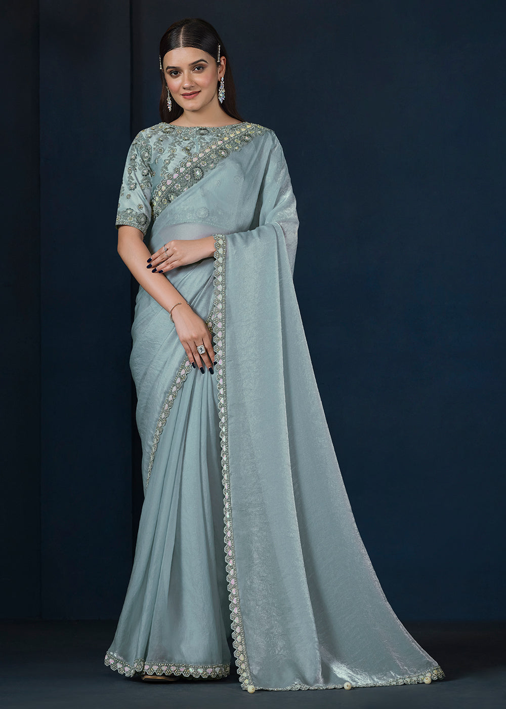 Ice Blue Satin Silk Saree with Elegant Handwork and Moti work – House ...