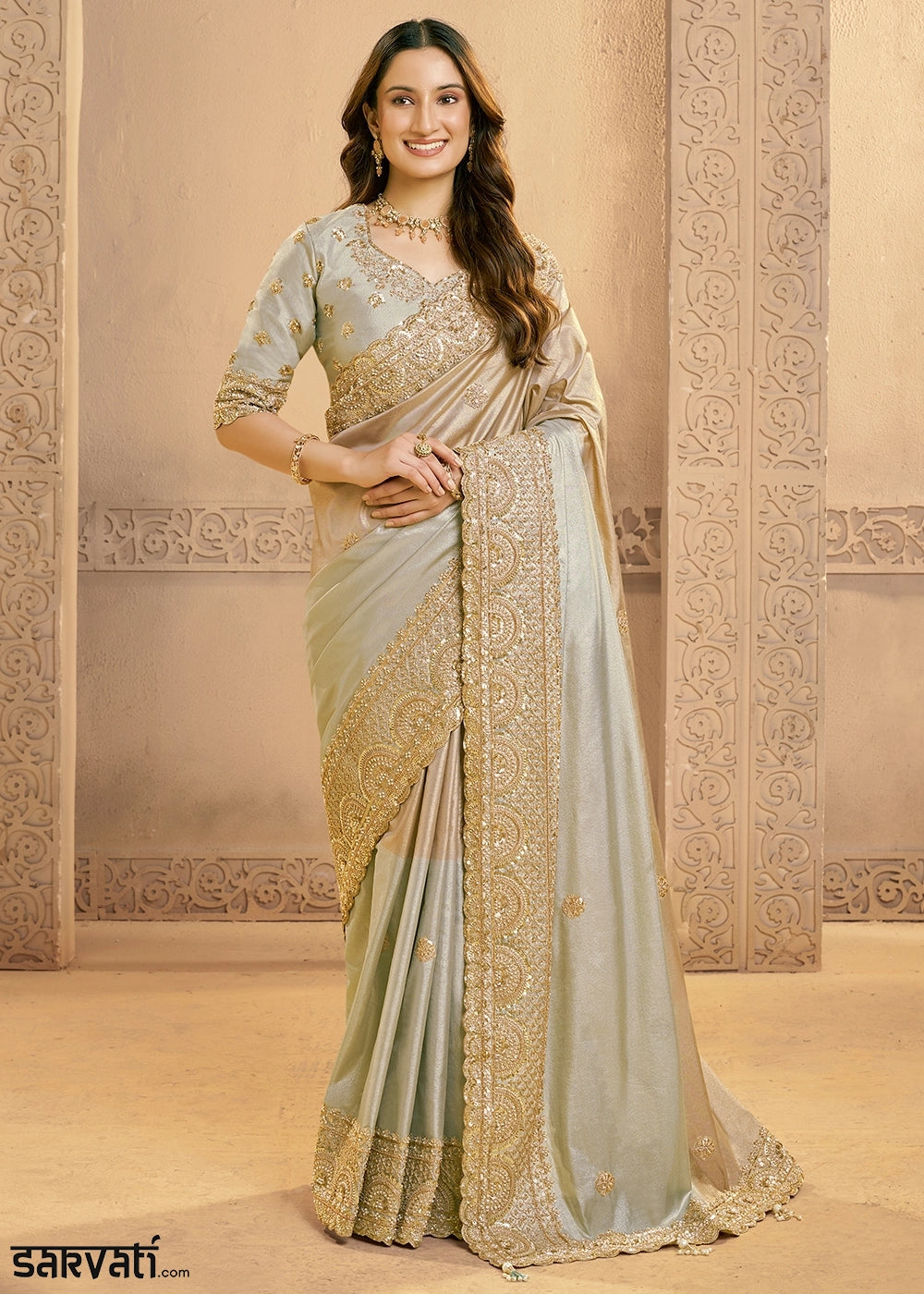 Sarvati Metallic Silver Kora Silk Saree with Zardosi & Sequin Work ...