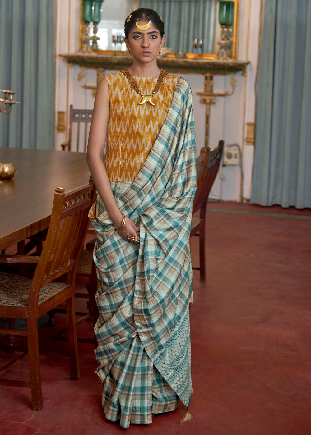 Shades Of Blue Silk Saree Featuring Zari Weave and Mustard Printed Blo ...