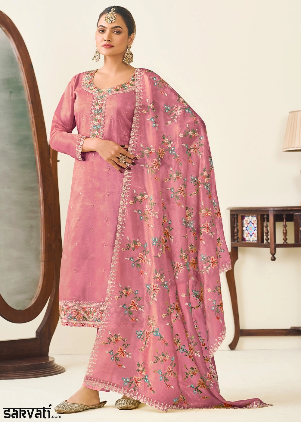 Sarvati Watermelon Pink Crush Silk Suit | Floral Embroidery – House of ...