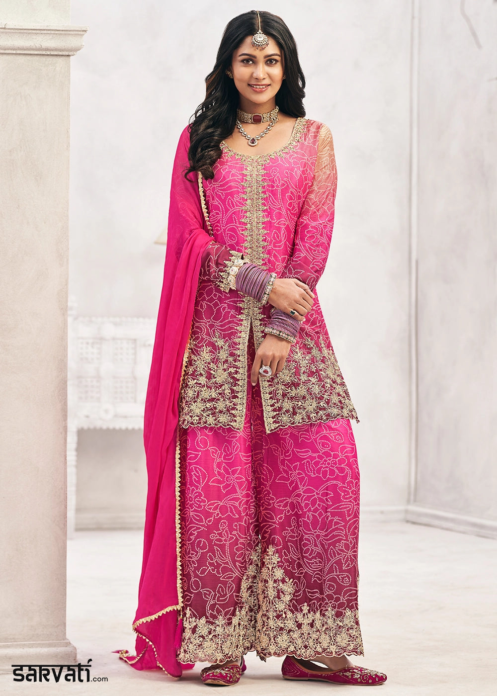 Sarvati Shaded Pink Embroidered Palazzo Suit | Flowing Chinon Silk ...