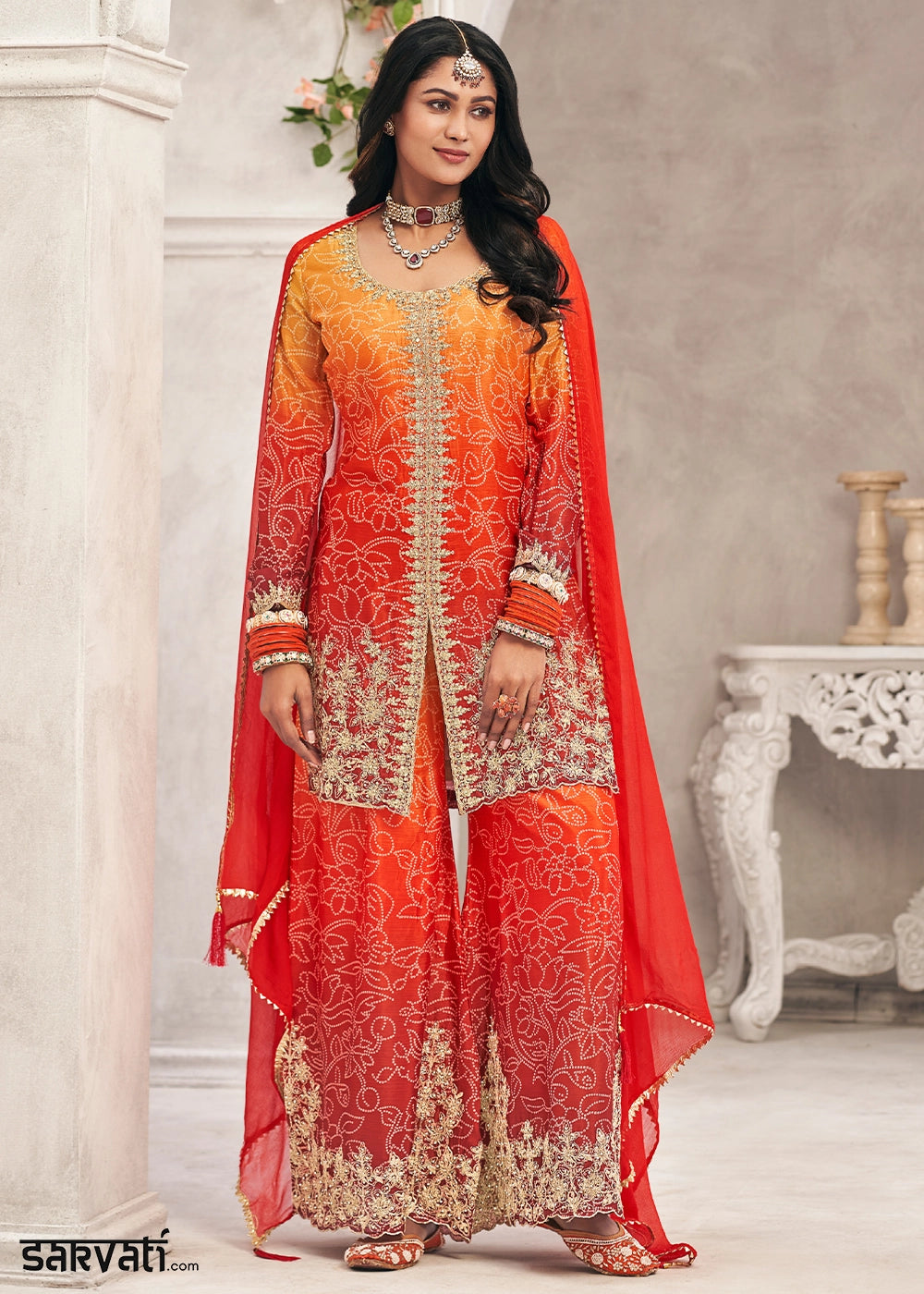 Sarvati Orange Yellow Embroidered Palazzo Suit | Flowing Chinon Silk ...