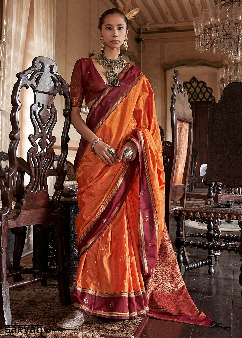Sarvati Fire Orange Tussar Silk Handloom Saree | Elegant Zari Weave ...