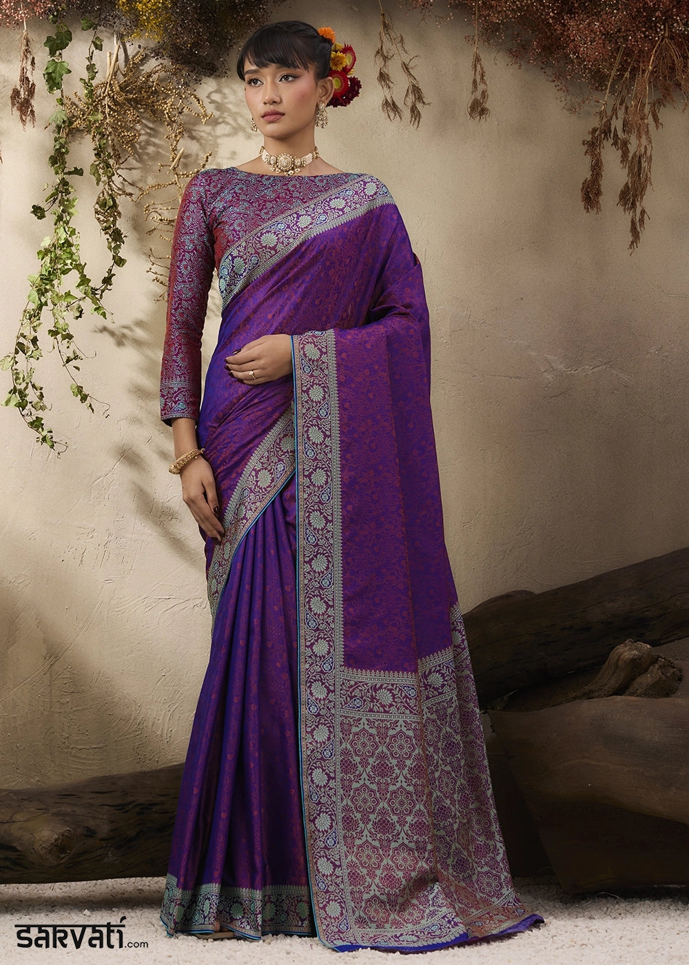 Sarvati Grape Purple Silk Saree with Tanchoi Zari Weaving Border ...