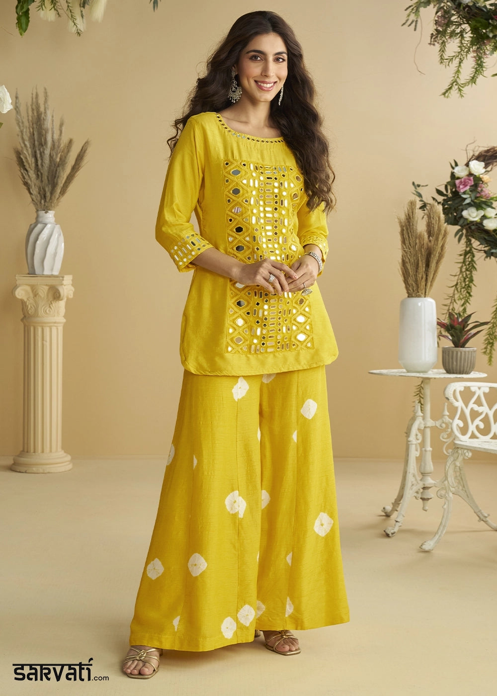 Saffron Yellow Silk Suit | Festive Mirror & Thread Work – House of ...