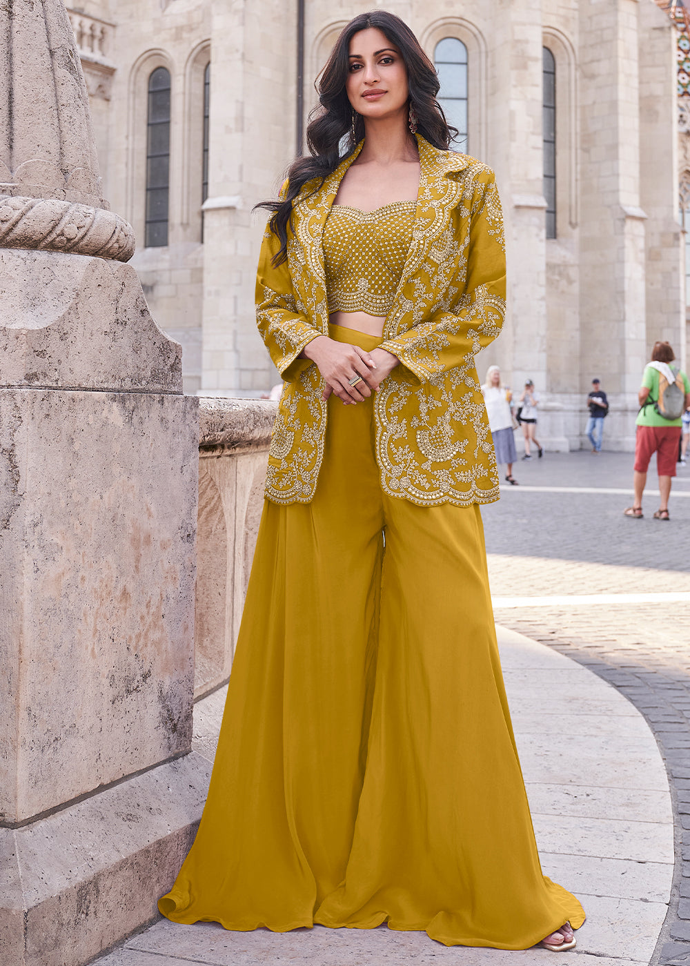 Mustard Yellow Top and Palazzo Set Featuring Embroidered Shrug – House ...