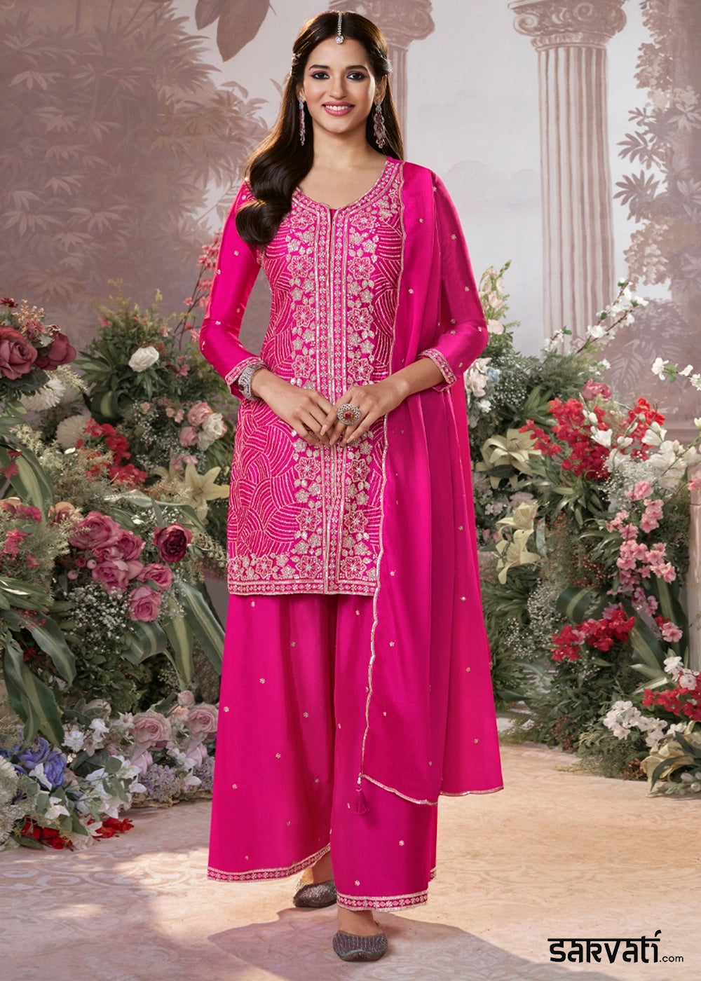 Hot Pink Chinon Silk Sharara Set with Embroidery | Sarvati USA – House ...