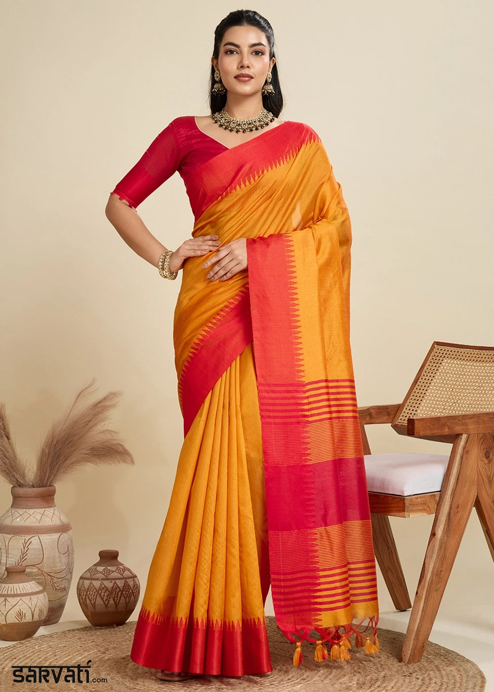 Sarvati Mustard Yellow Raw Silk Saree | Temple Style Border – House of ...