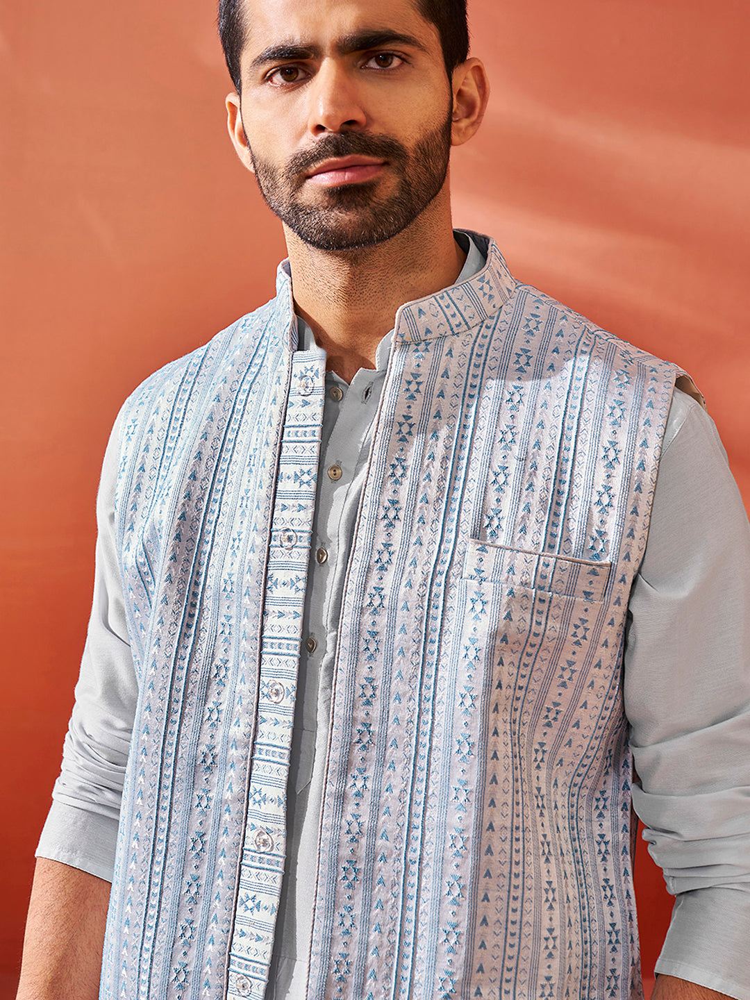 Silk Blend Jacquard Long Nehru Jacket for Men with Shawl Collar ...