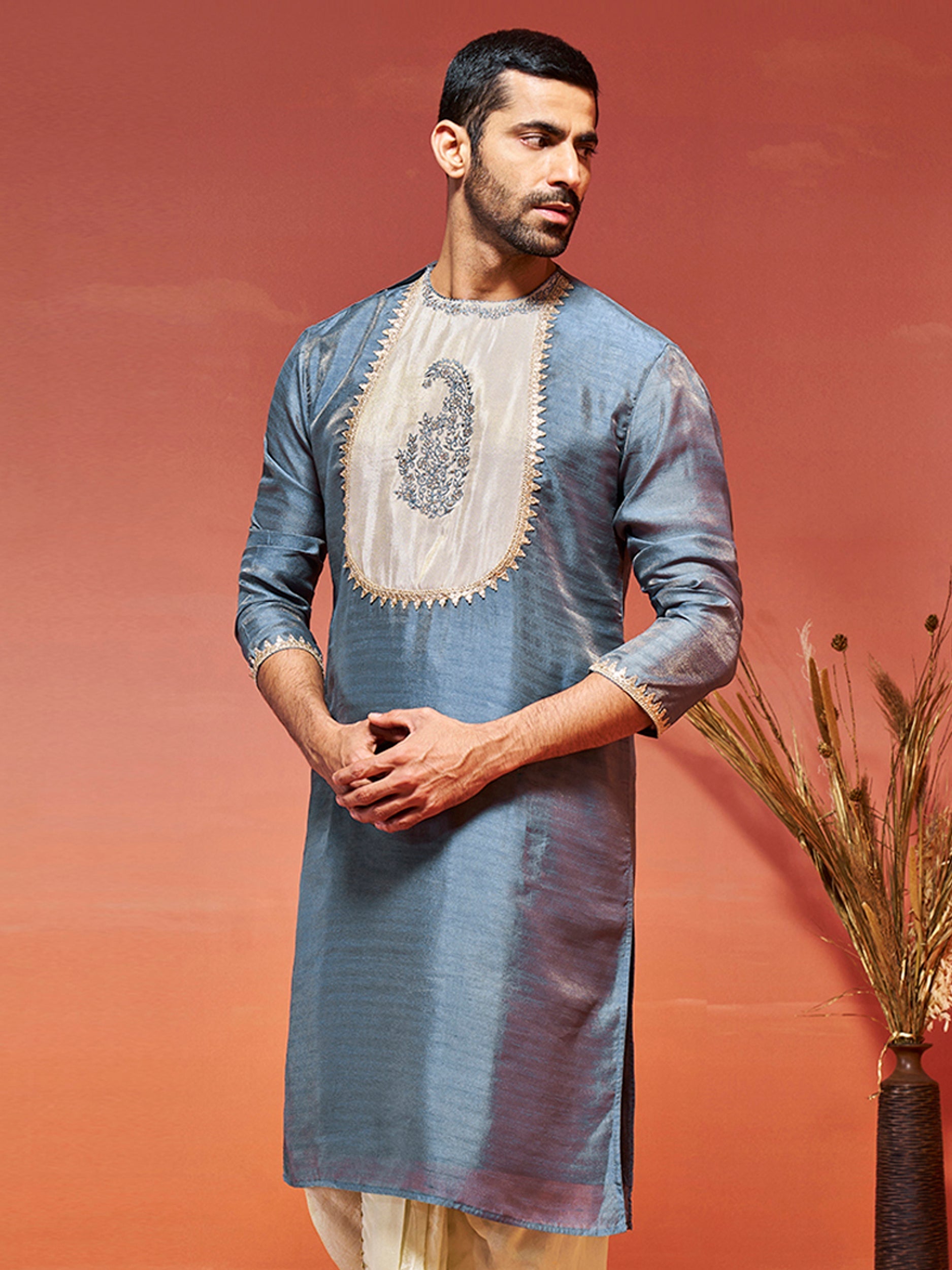Men’s Neutral Tone Embroidered Kurta with Kathdana Detailing – Sarvati ...