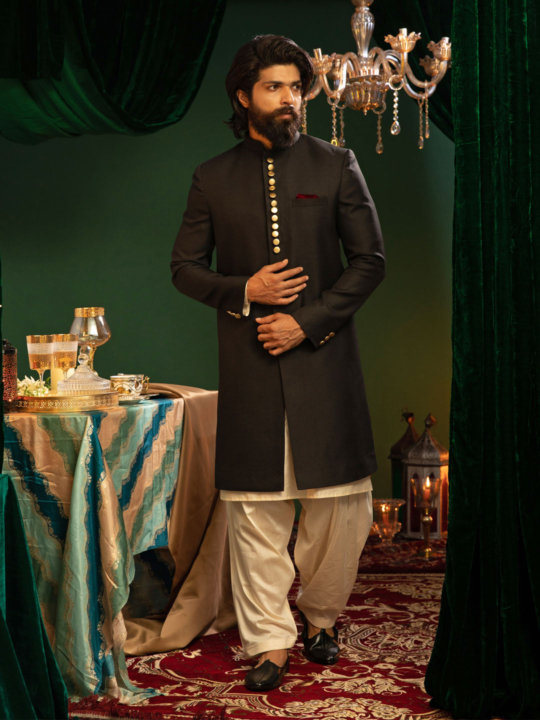 Black Silk Blend Sherwani Set with Cream Kurta & Patiala | Sarvati ...