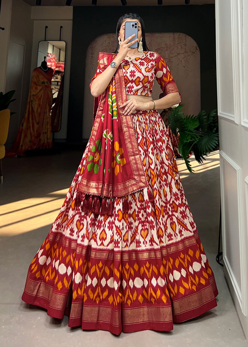 Rice White & Red Patola Printed Tussar Silk Chaniya Choli – House of ...