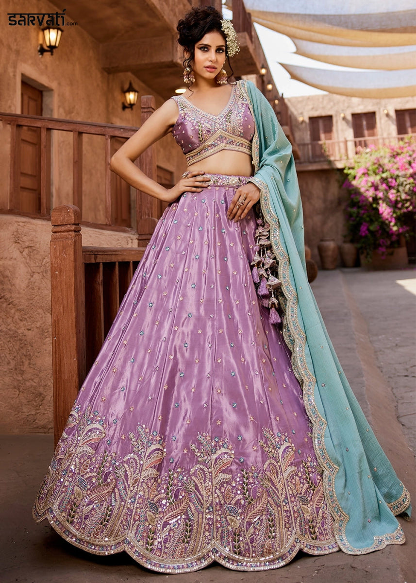 Sarvati Bright Purple Satin Lehenga Choli with Floral Sequin Work ...